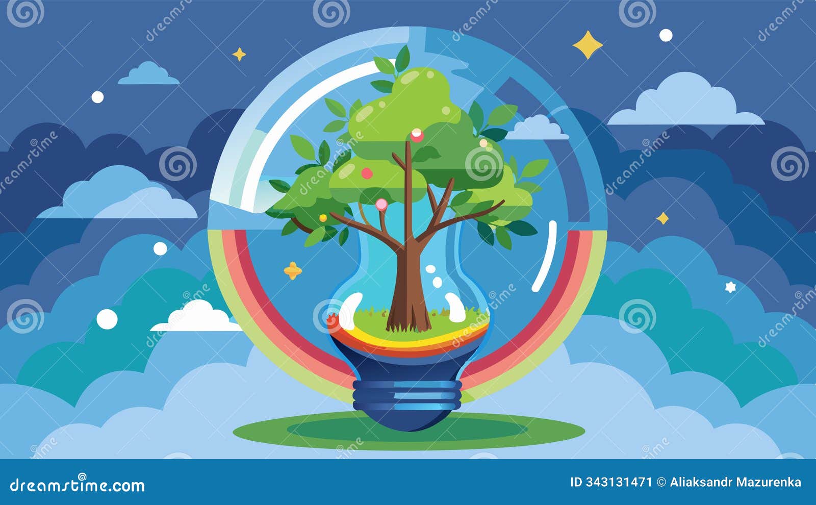 Tree in Bulb Lamp Background. Cloud and Rainbow Stock Illustration ...