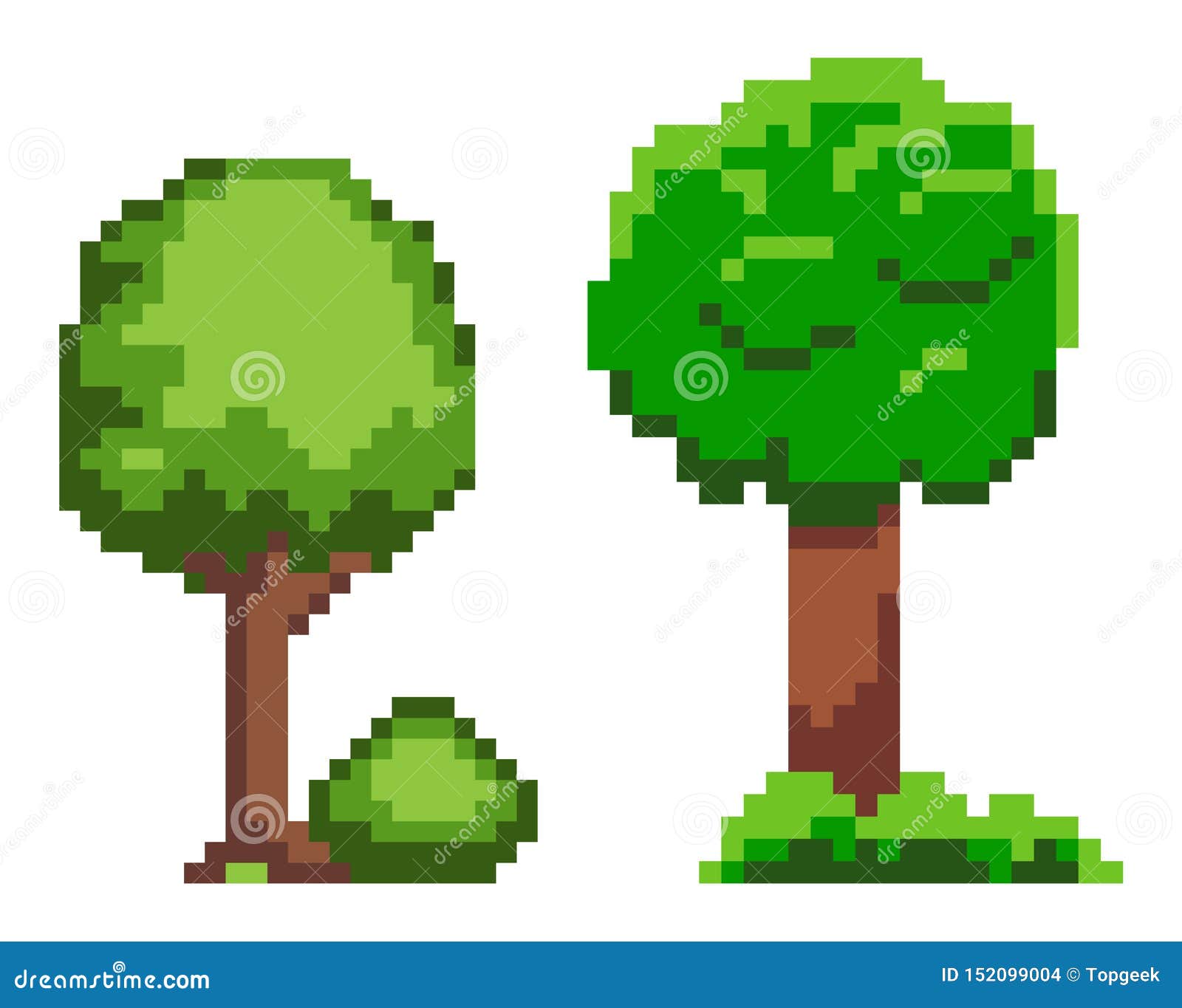 Green Tree and Bush with Grass, Pixel Game Vector Stock Vector ...