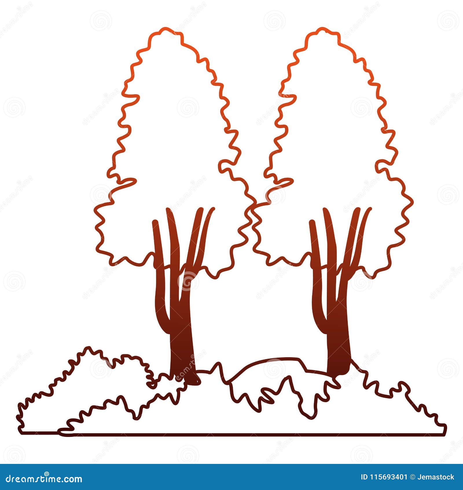 Tree with Bushes and Rocks on Red Lines Stock Vector - Illustration of ...