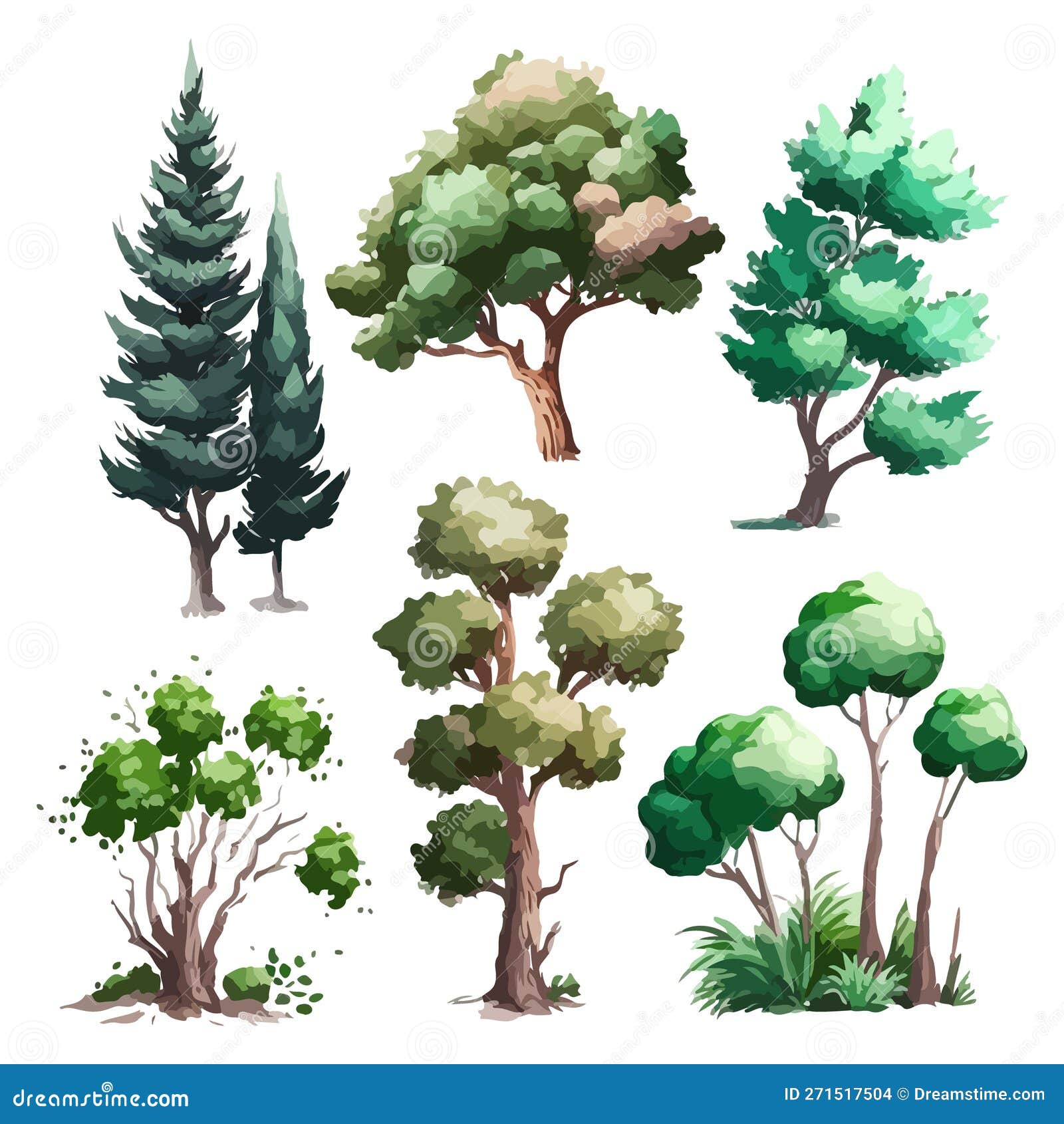 Tree and Bushes, Vector Set of Illustrations in Cartoon Style Stock ...