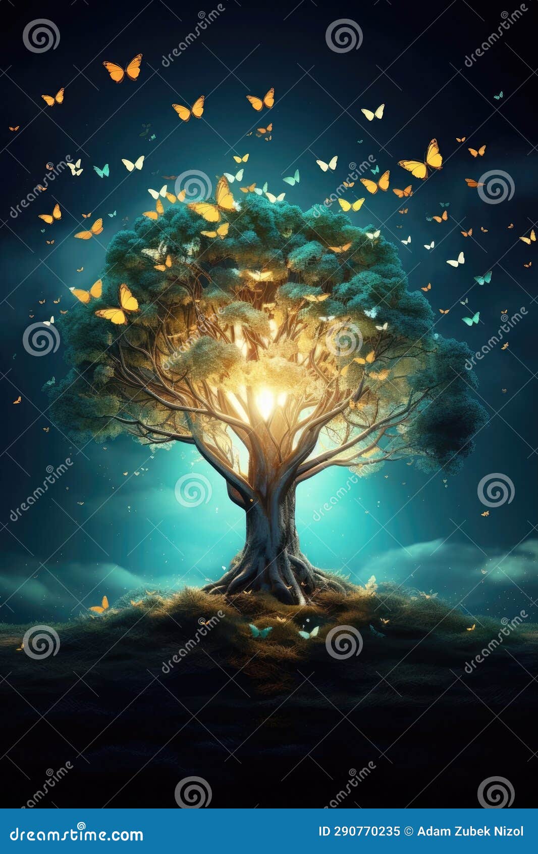 A Tree with Butterflies Flying Around it Stock Illustration ...