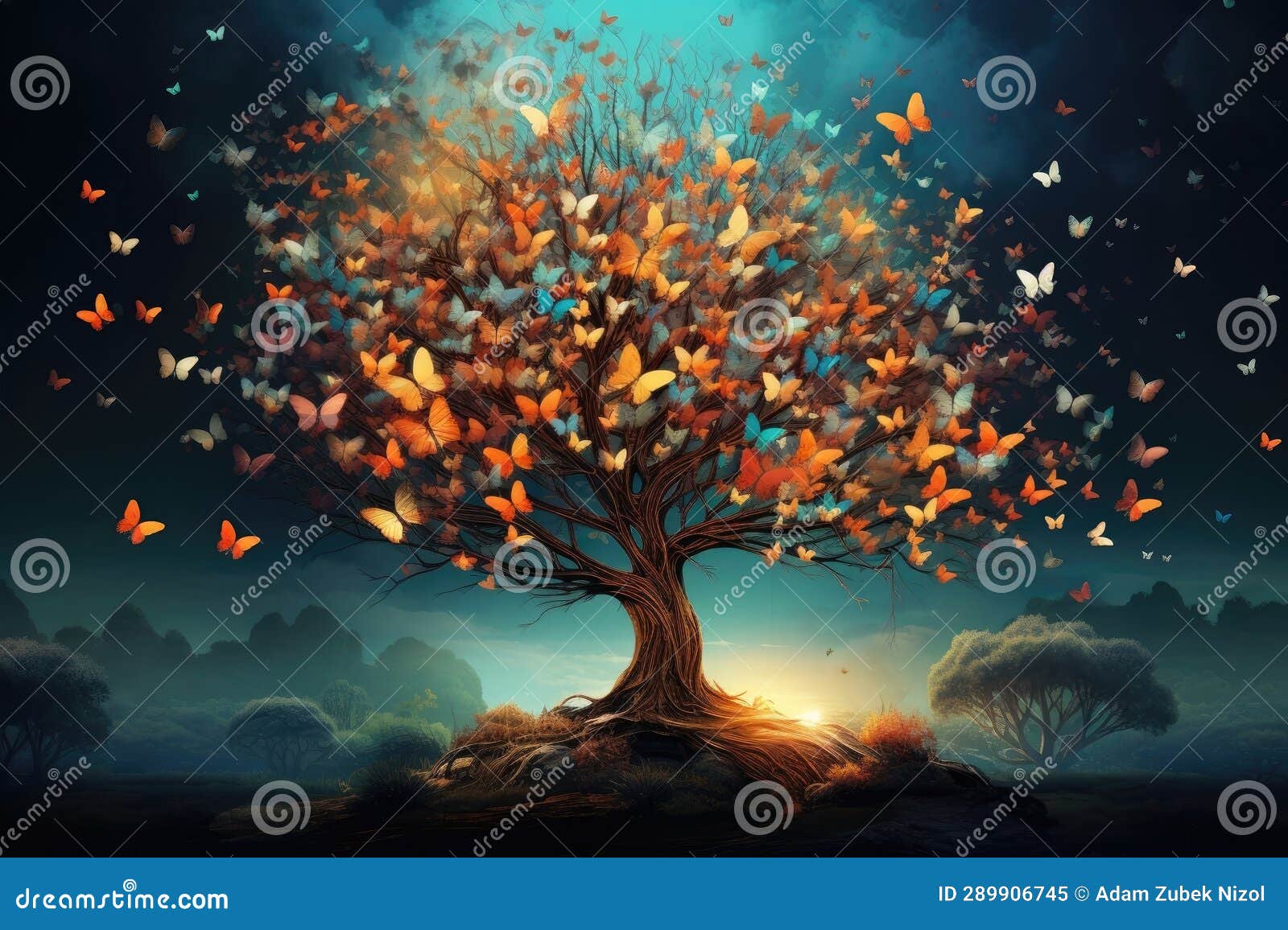 A Tree with Butterflies Flying Around it Stock Illustration ...