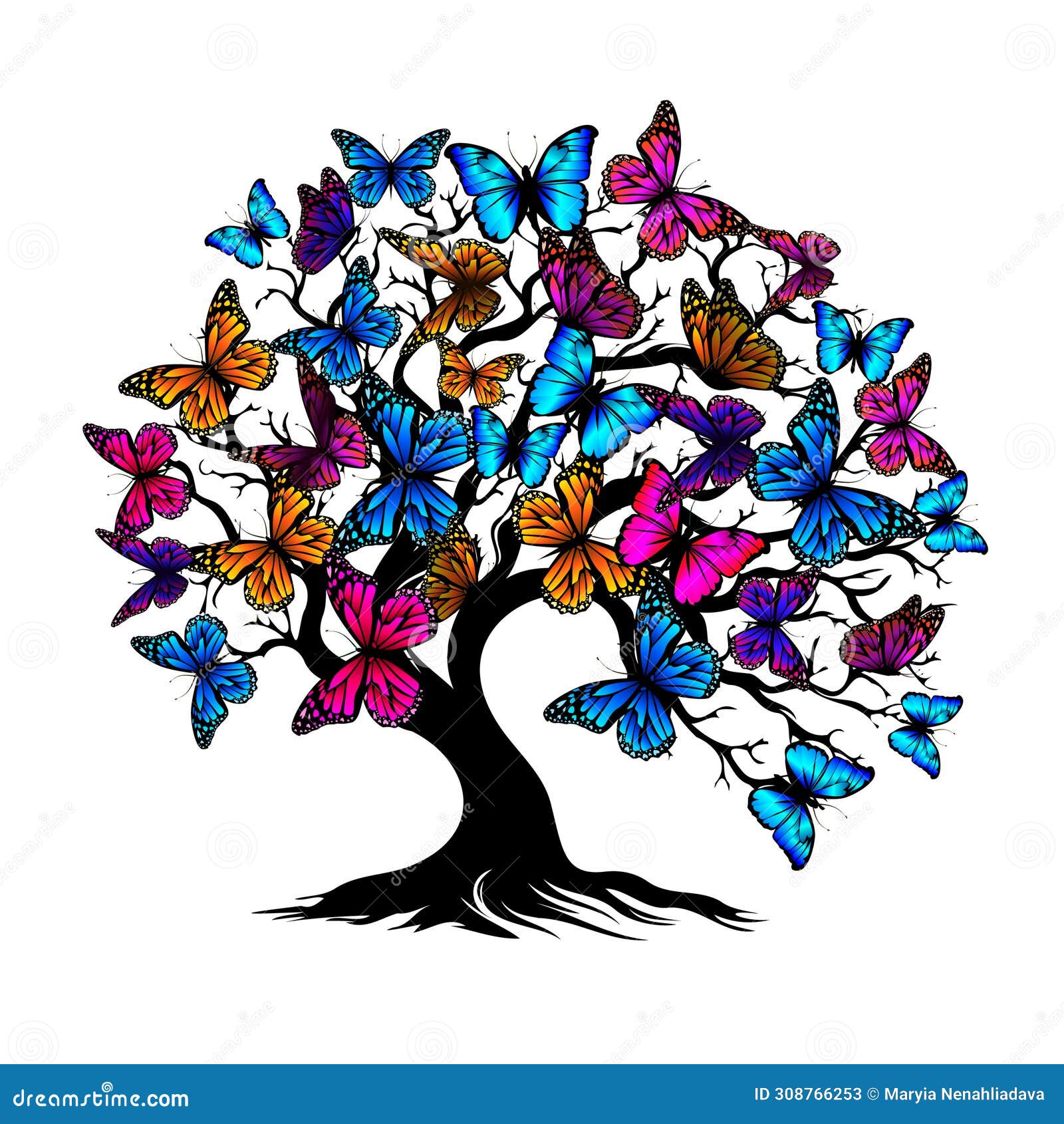 Tree with Butterflies. Hand Drawing. Not AI, Vector Illustration Stock ...