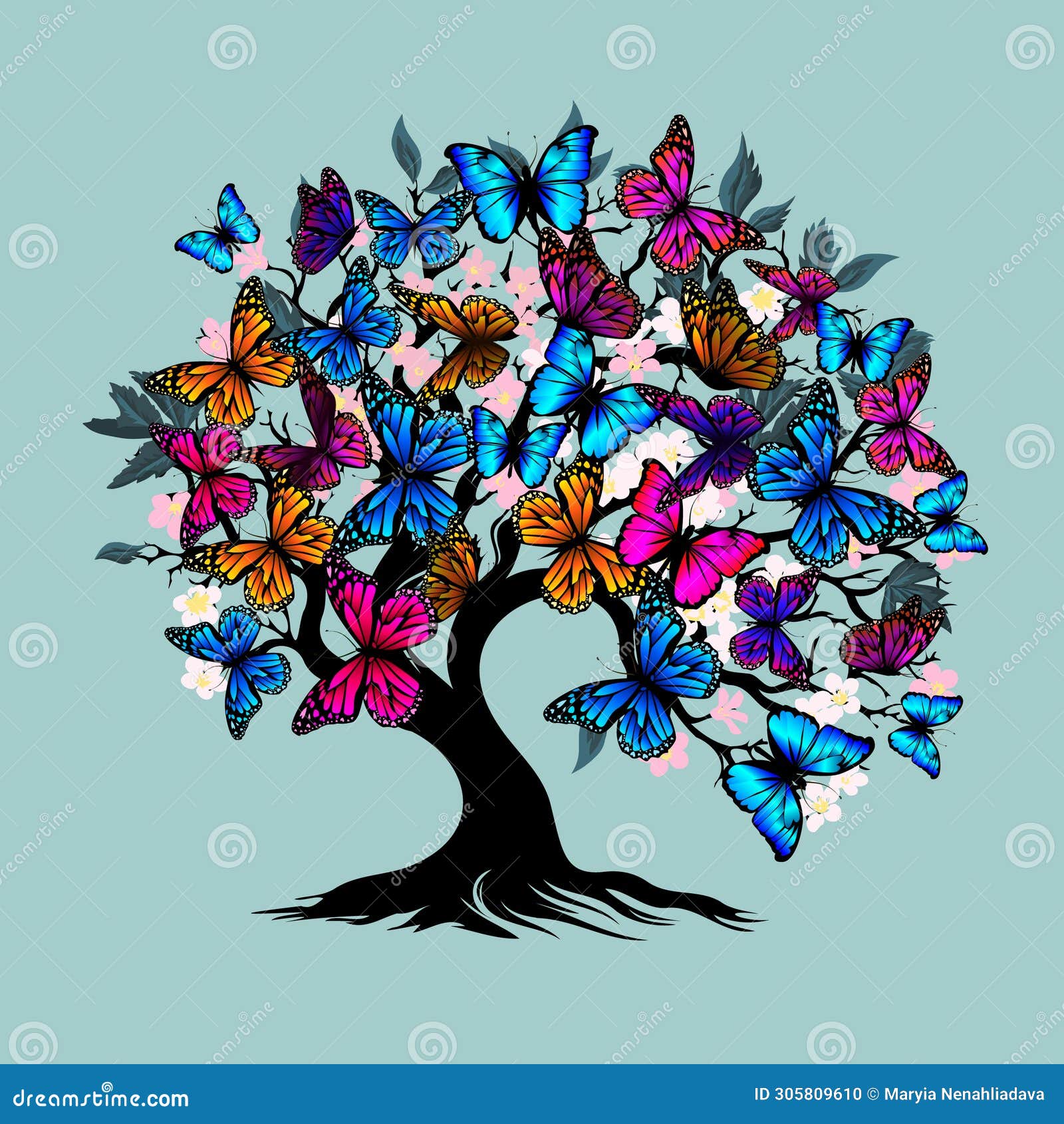 Tree with Butterflies. Hand Drawing. Not AI, Vector Illustration Stock ...