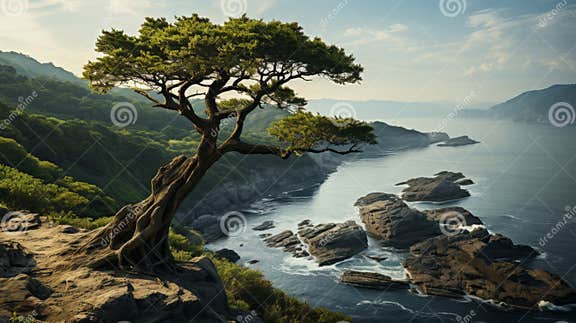 A Tree on a Cliff. Generative AI. Stock Illustration - Illustration of ...