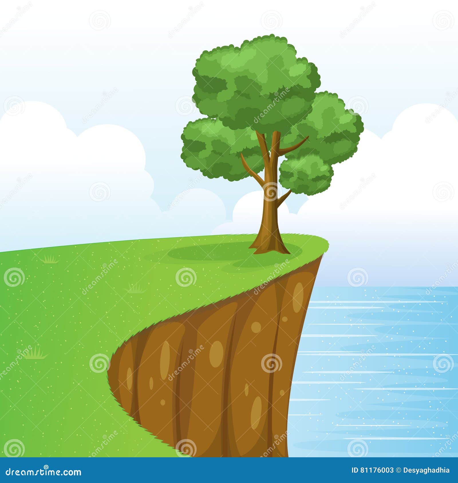 Tree on Cliff Scenery with Grass, Sea, Sky and Clouds. Stock Vector ...