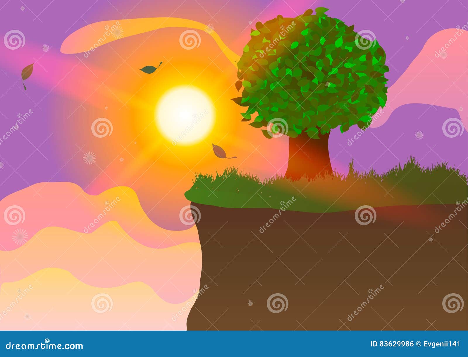 Tree on the Cliff at Sunset. Stock Vector - Illustration of white ...
