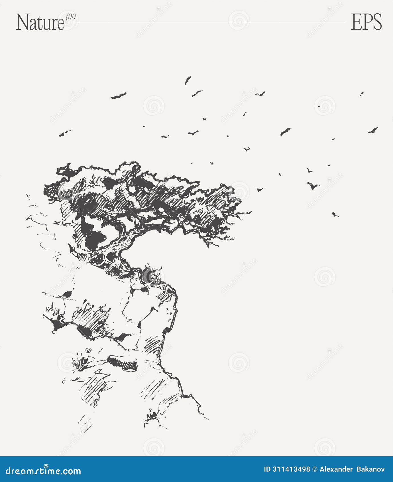 A Tree on a Cliff, Surrounded by Birds. Hand Drawn Vector Illustration ...