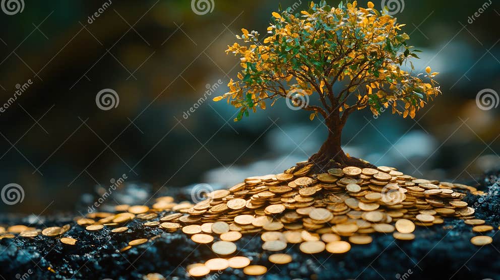 Tree and Coins, a Tree Grows from a Pile of Coins, Representing Wealth ...