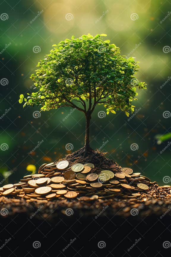 Tree and Coins, a Tree Grows from a Pile of Coins, Representing Wealth ...