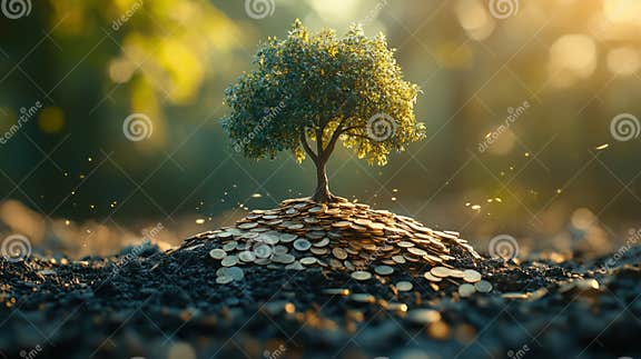Tree and Coins, a Tree Grows from a Pile of Coins, Representing Wealth ...