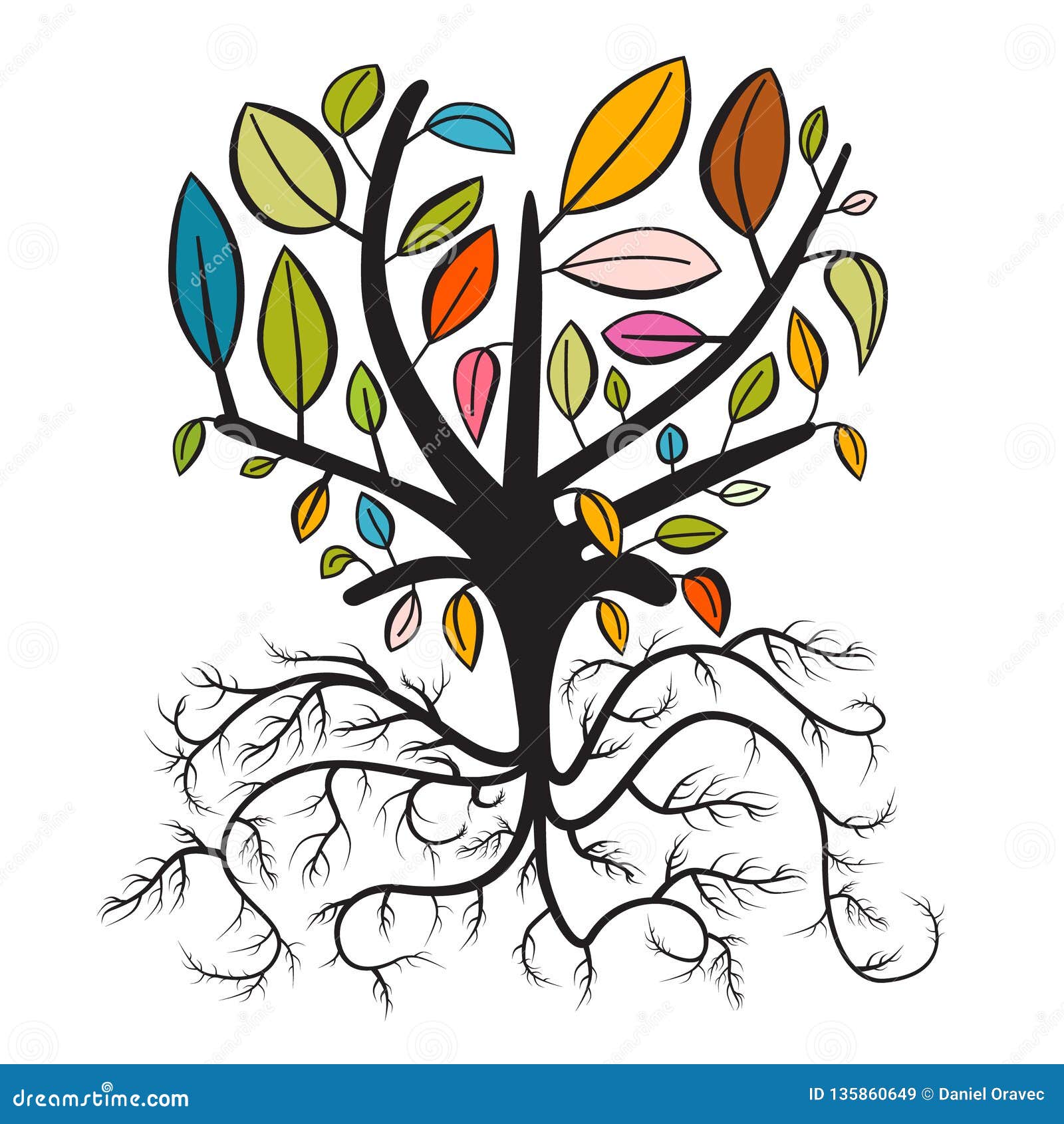 Tree with Colorful Leaves and Roots Stock Vector - Illustration of ...