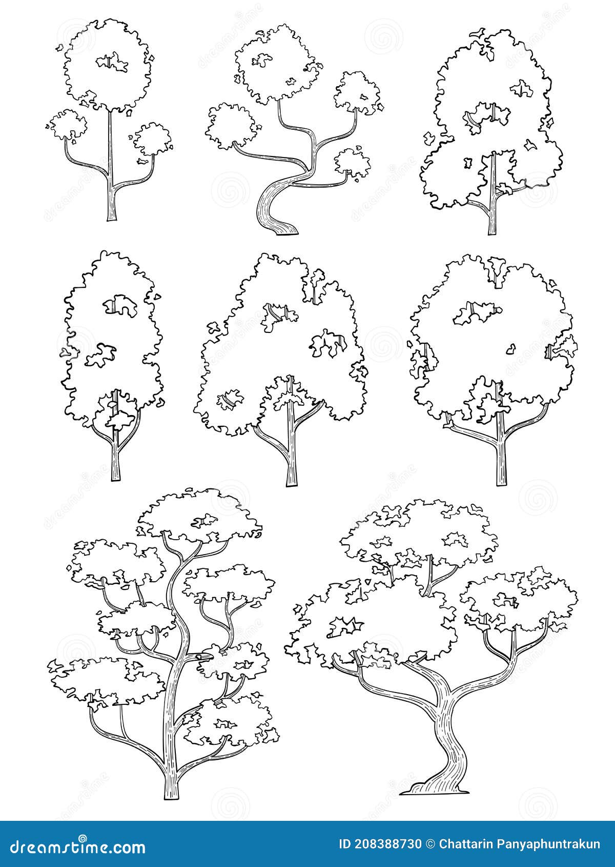 Hand Drawn Side View Tree Vector Set Stock Vector - Illustration of ...