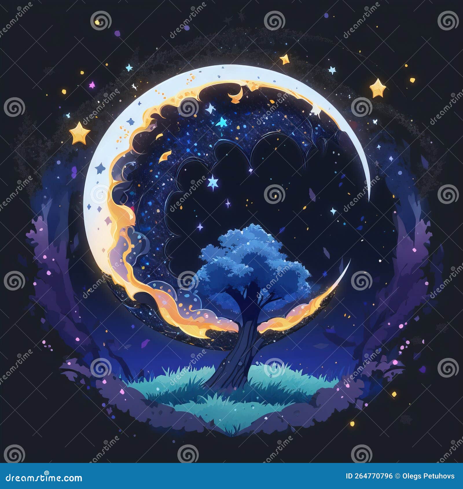 A Tree with a Crescent Moon and Stars in the Sky Above it is a Night ...