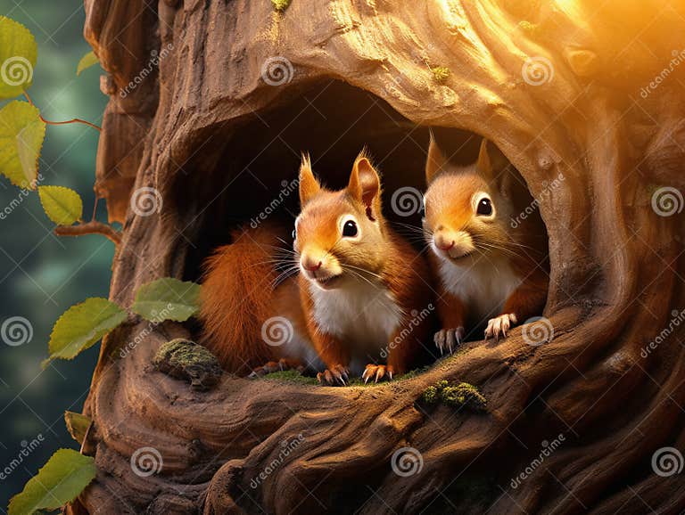 Tree Curious Squirrels in the Hollow Stock Illustration - Illustration of creativity, creative ...