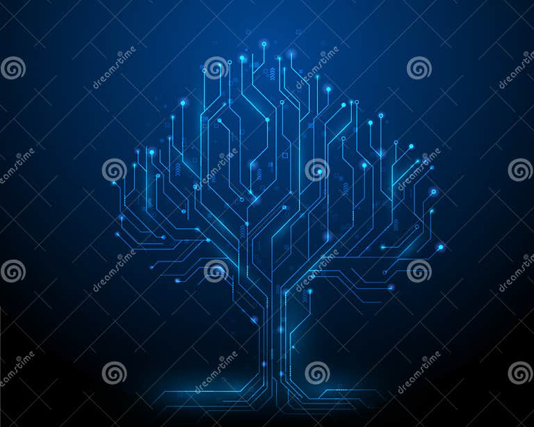 Tree Data Technology on Blue Dark Background. Digital Circuit Board ...