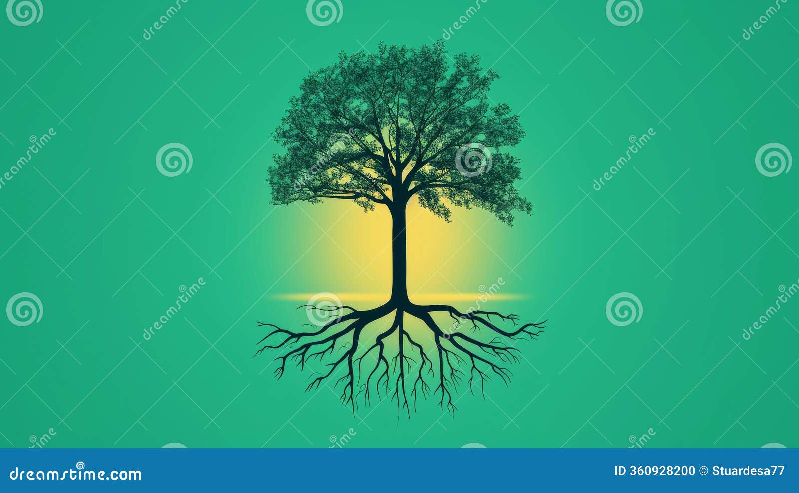 Tree with Deep Roots Against a Green Background Stock Photo - Image of ...