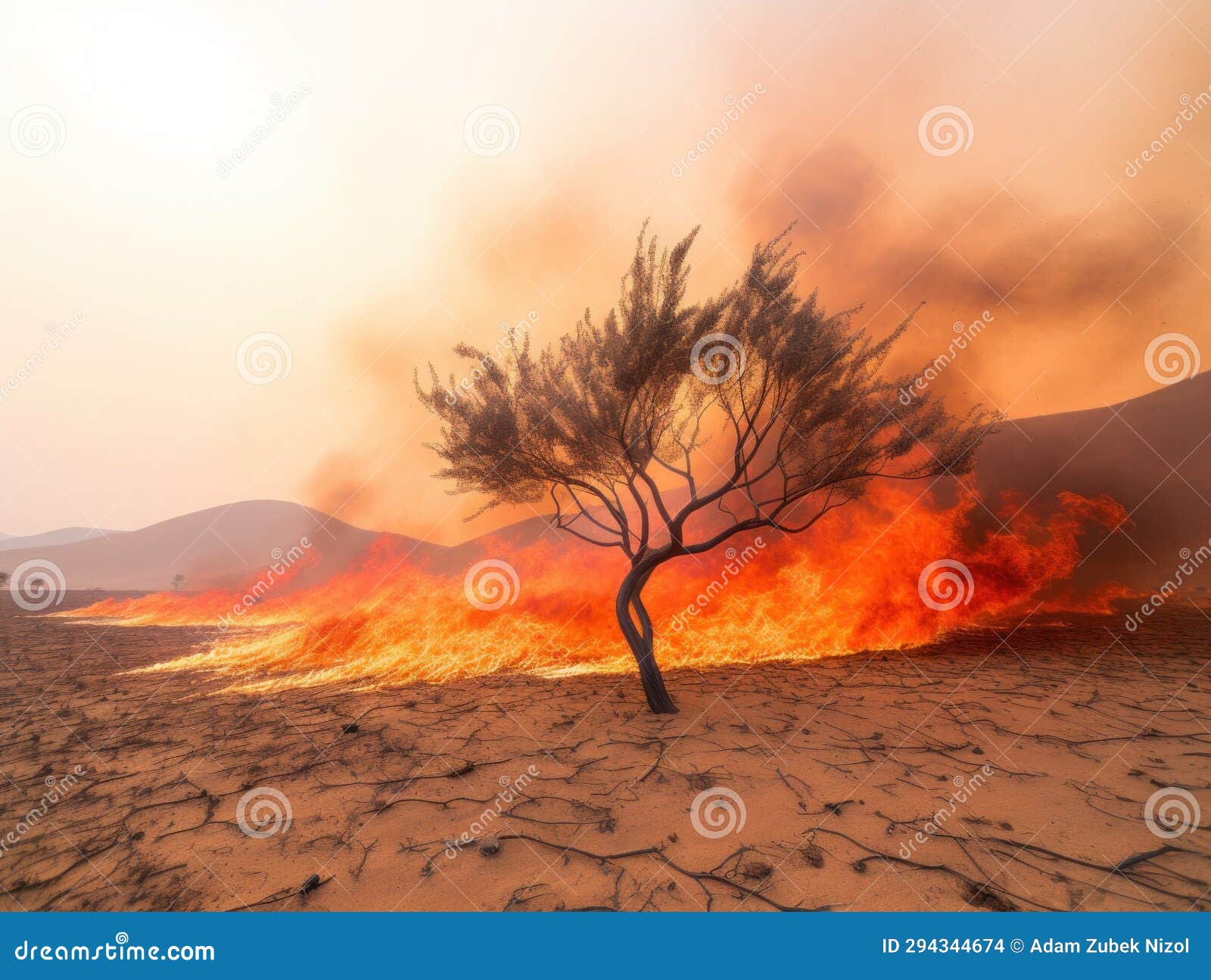 A Tree in a Desert with Fire Stock Illustration - Illustration of fire ...