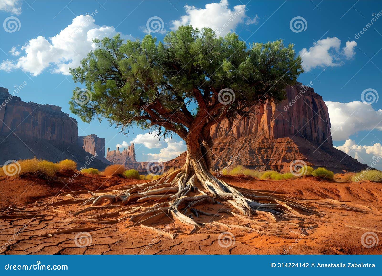 Tree in Desert: Split Trunk and Large Visible Roots. Concept Nature ...