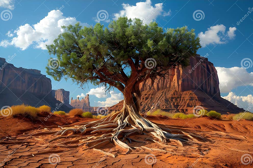 Tree in Desert: Split Trunk and Large Visible Roots. Concept Nature ...