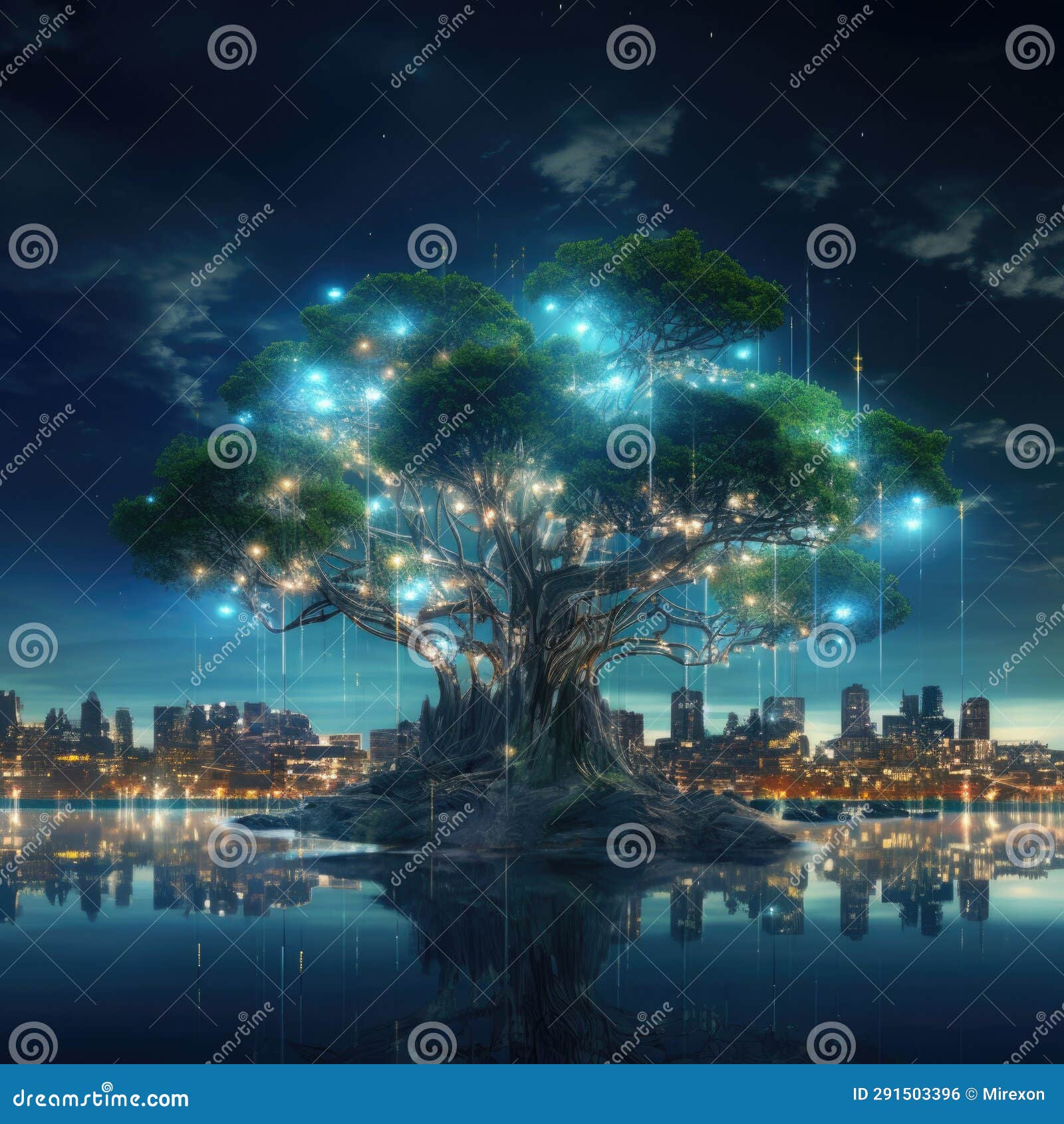 Tree Digital Technology. Blue Glowing Particles Background Stock Photo ...
