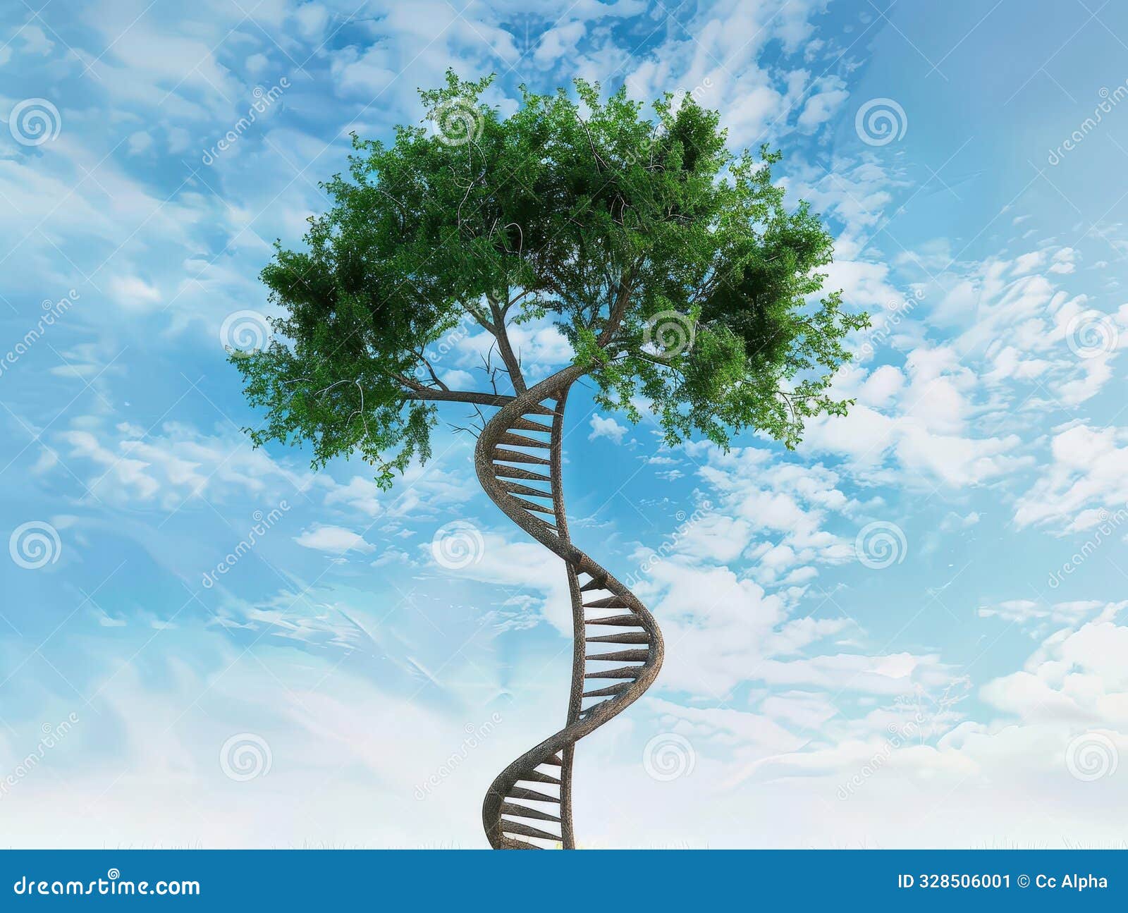 A Tree with a DNA Helix As Its Trunk Reaching Towards a Blue Sky with ...