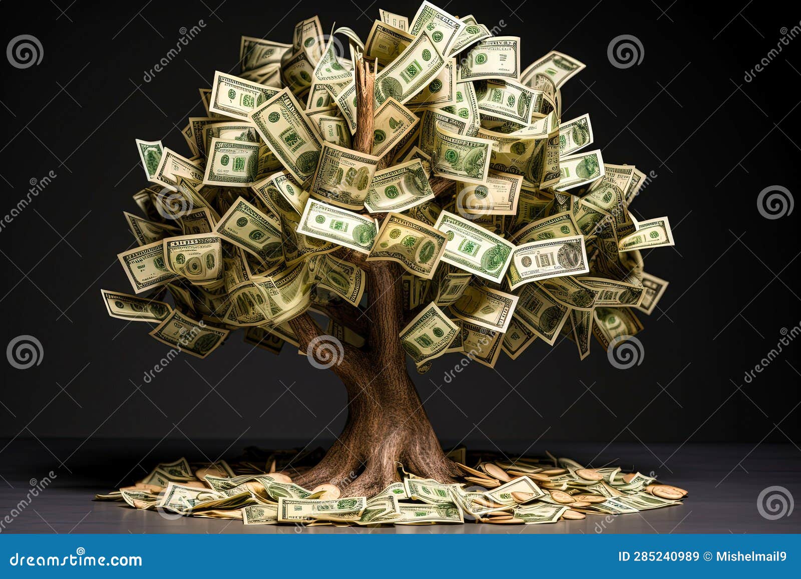 Tree with Dollar Leaves on a Black Background. Stock Image - Image of ...