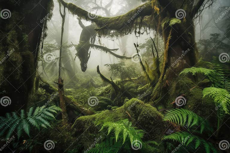 Tree with Drooping Ferns and Mosses, Surrounded by Exotic Foggy Forest ... Tree with Drooping Ferns and Mosses, Surrounded by Exotic Foggy Forest ...