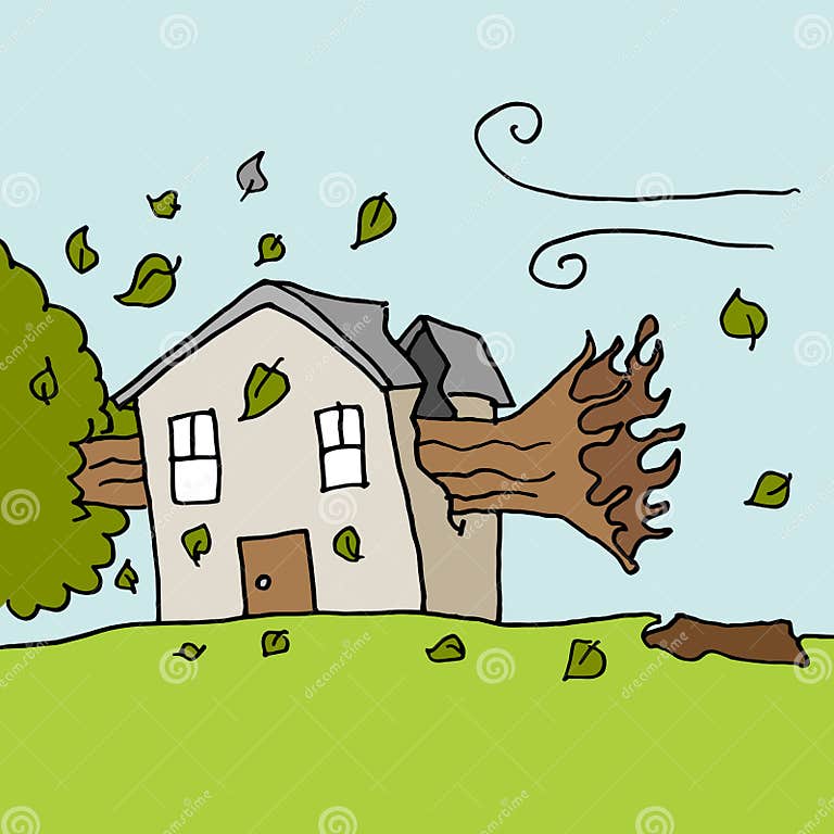 Tree Falling on House on a Windy Day Stock Vector - Illustration of ...