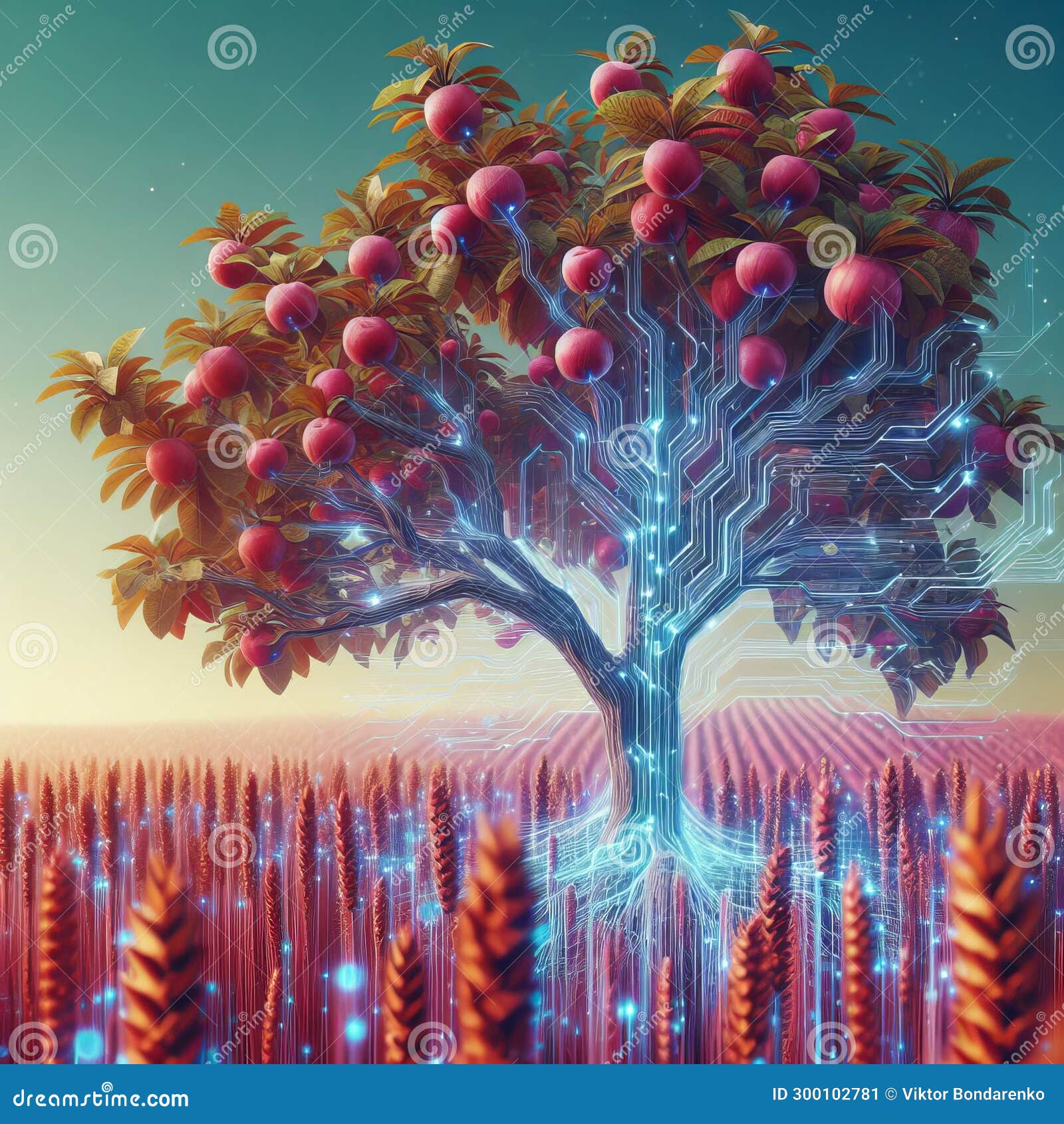 Tree in the Field with Digital Network Lines Connections on Branches ...