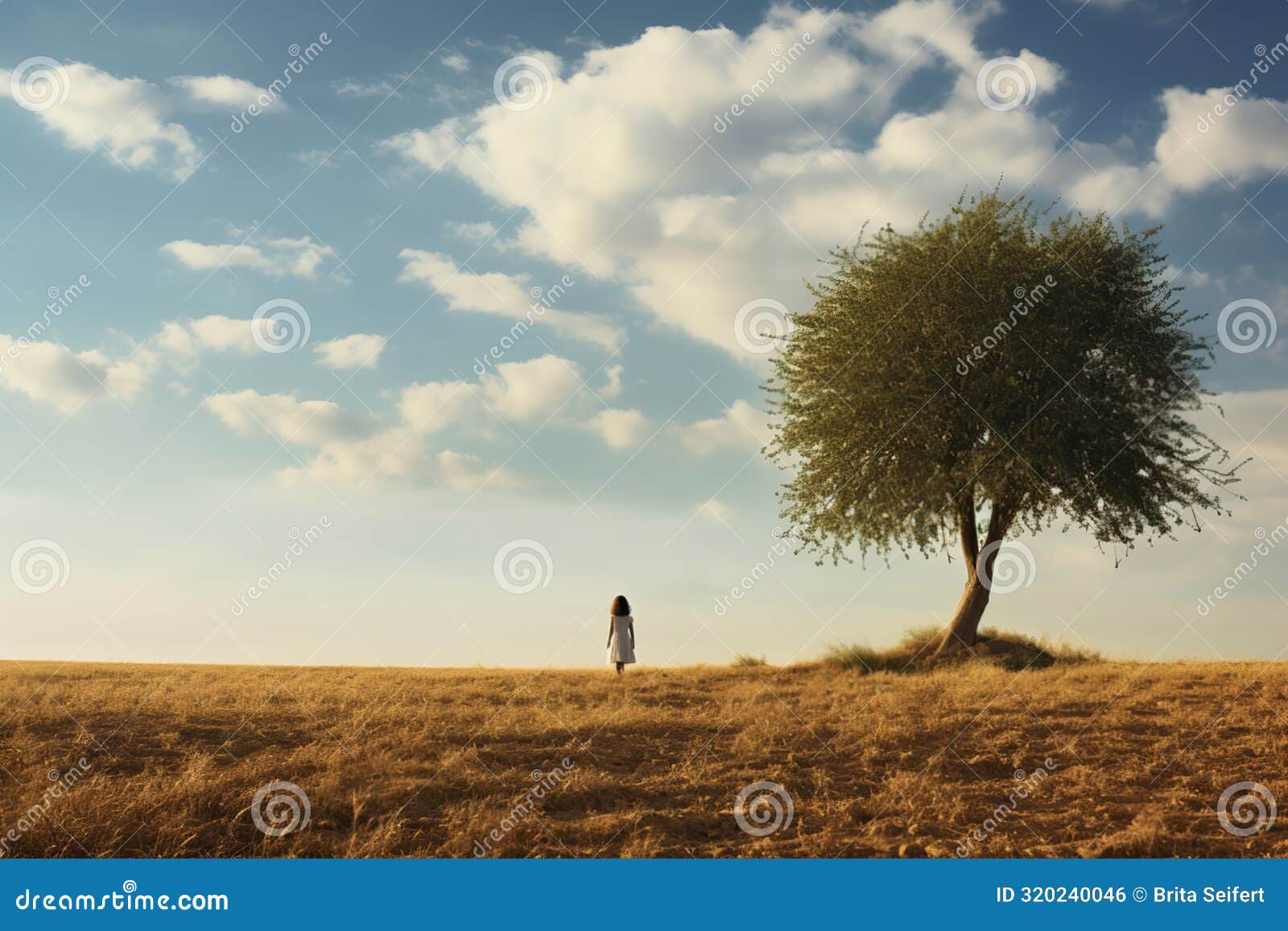 A Tree in the Field and a Girl Next To it Stock Illustration ...