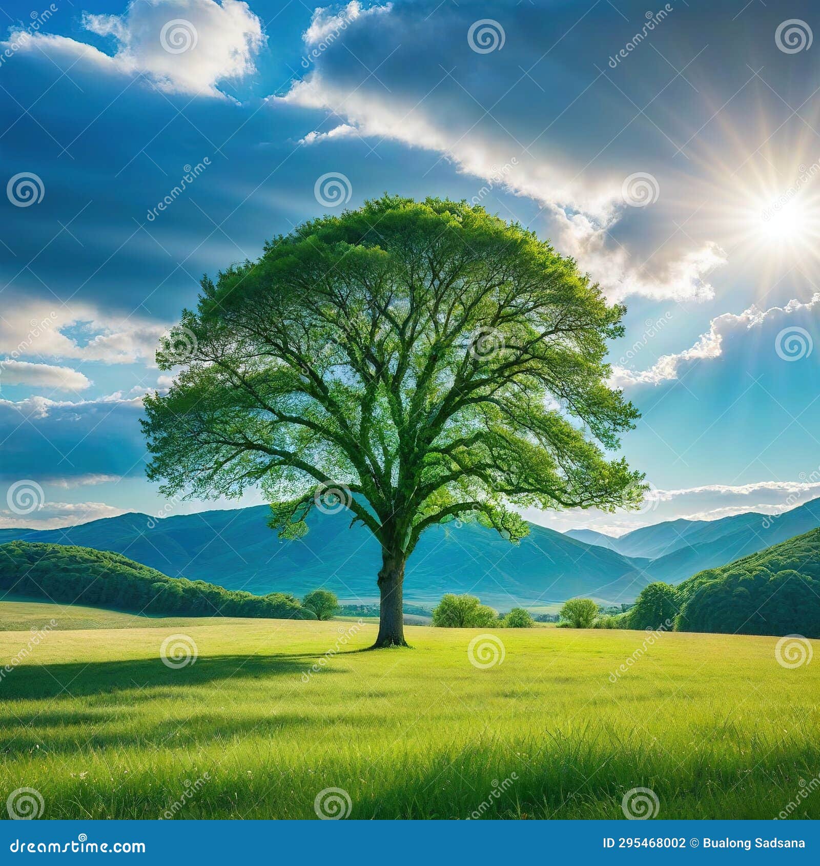A Tree in a Field with a Mountain in the Background and a Sky in the ...