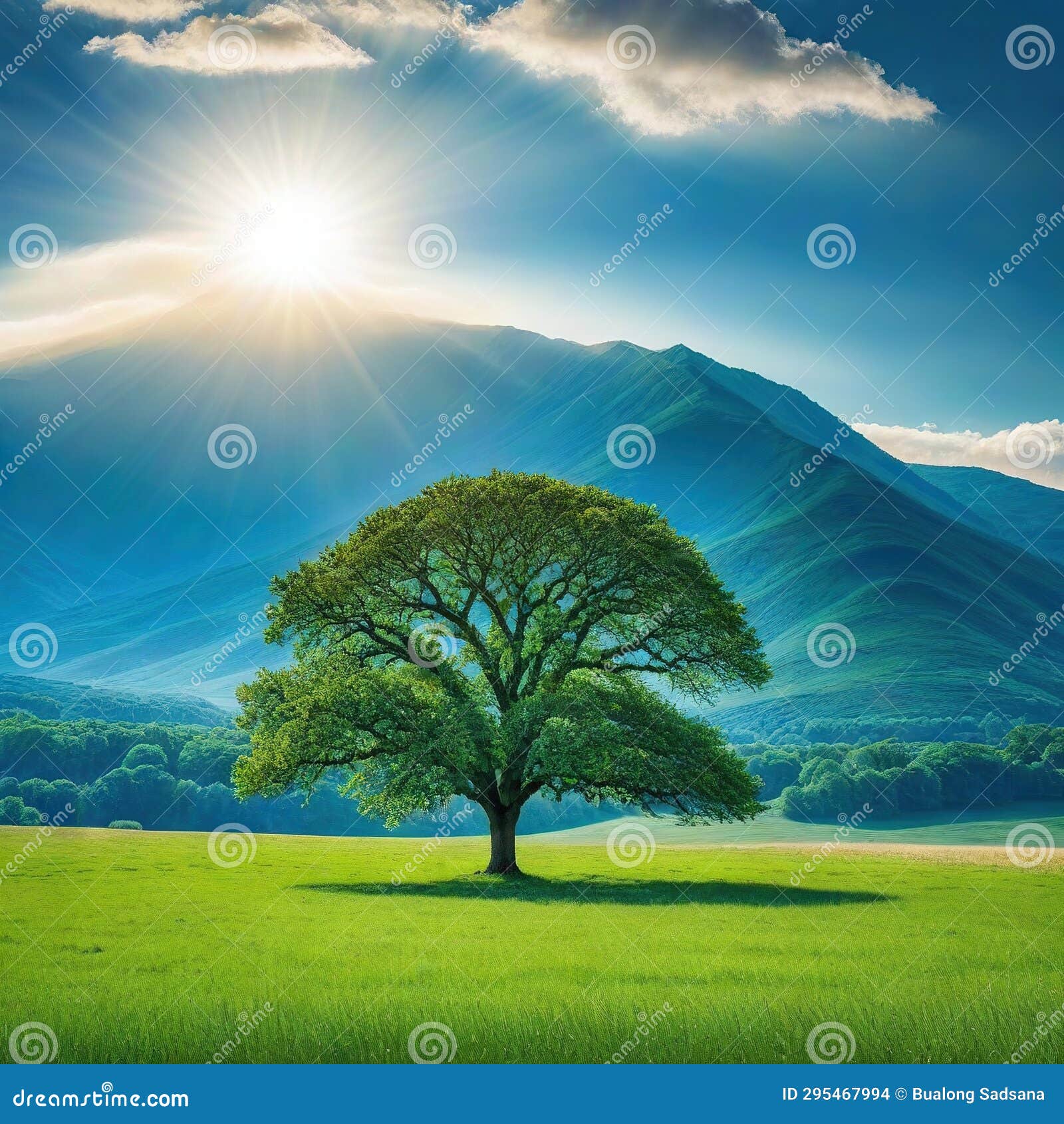 A Tree in a Field with a Mountain in the Background and a Sky in the ...