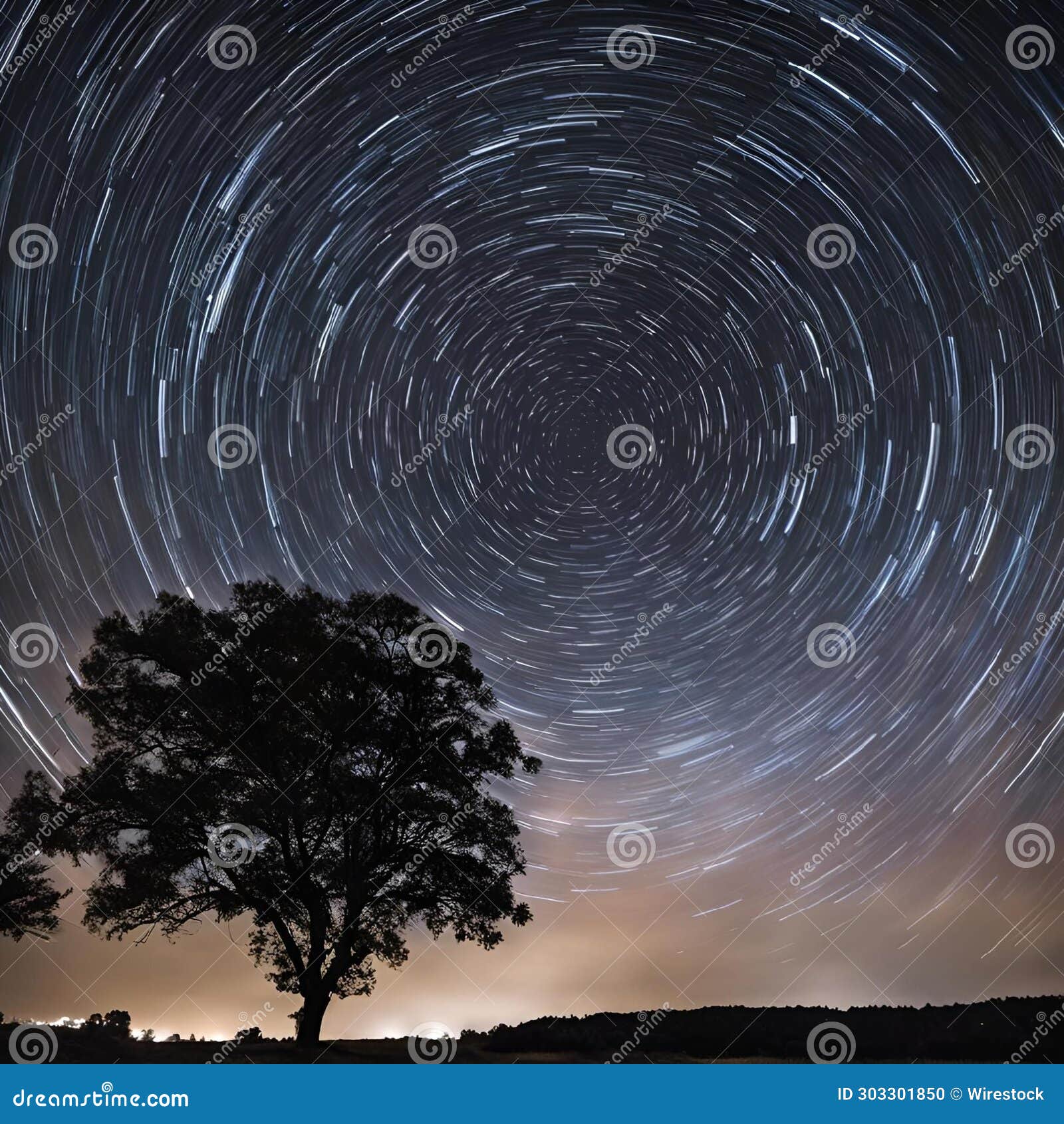 A Tree on a Field with Multiple Circular Trails in the Sky Stock ...