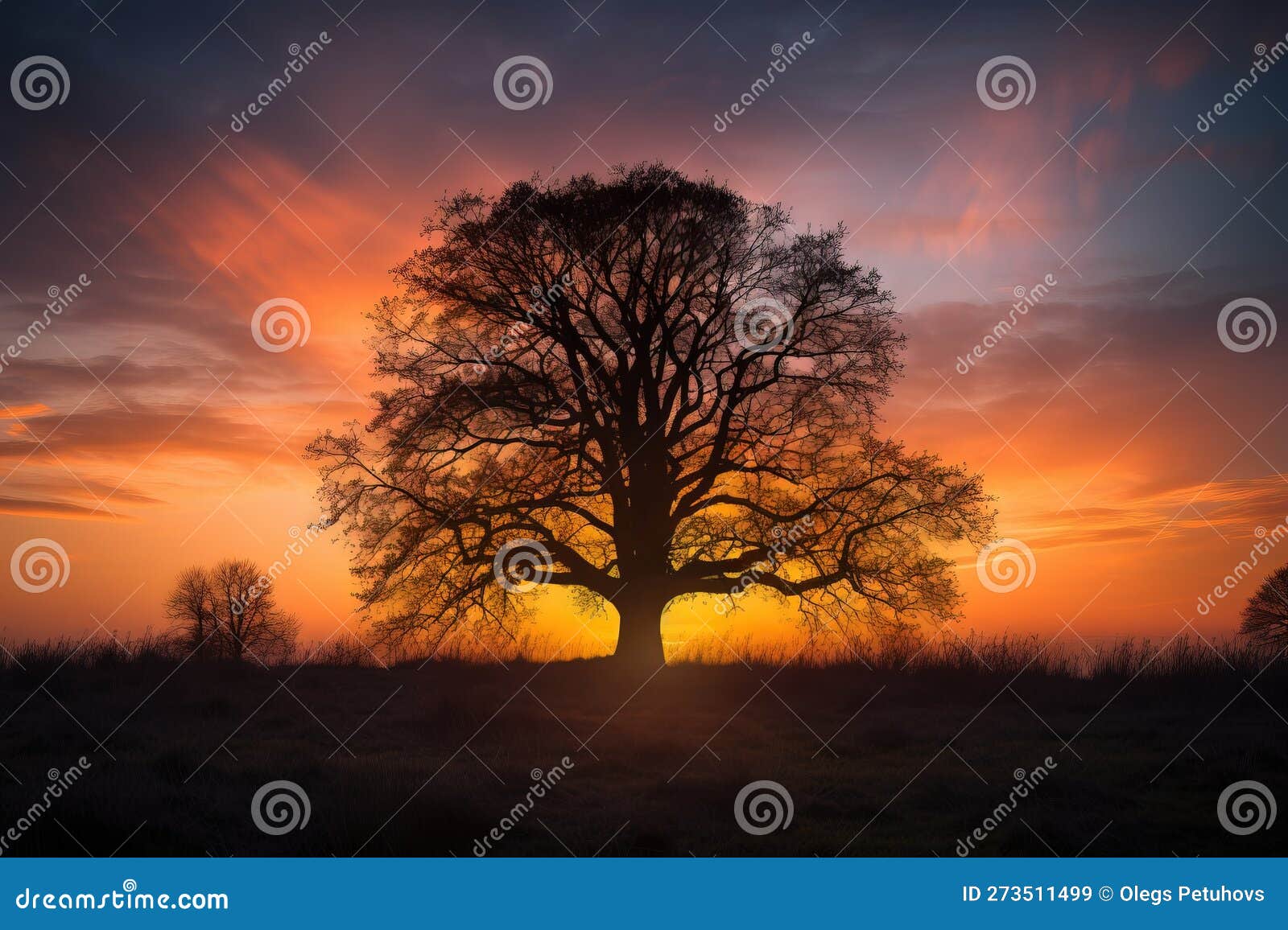 A Tree in a Field with a Sunset in the Background Stock Illustration ...