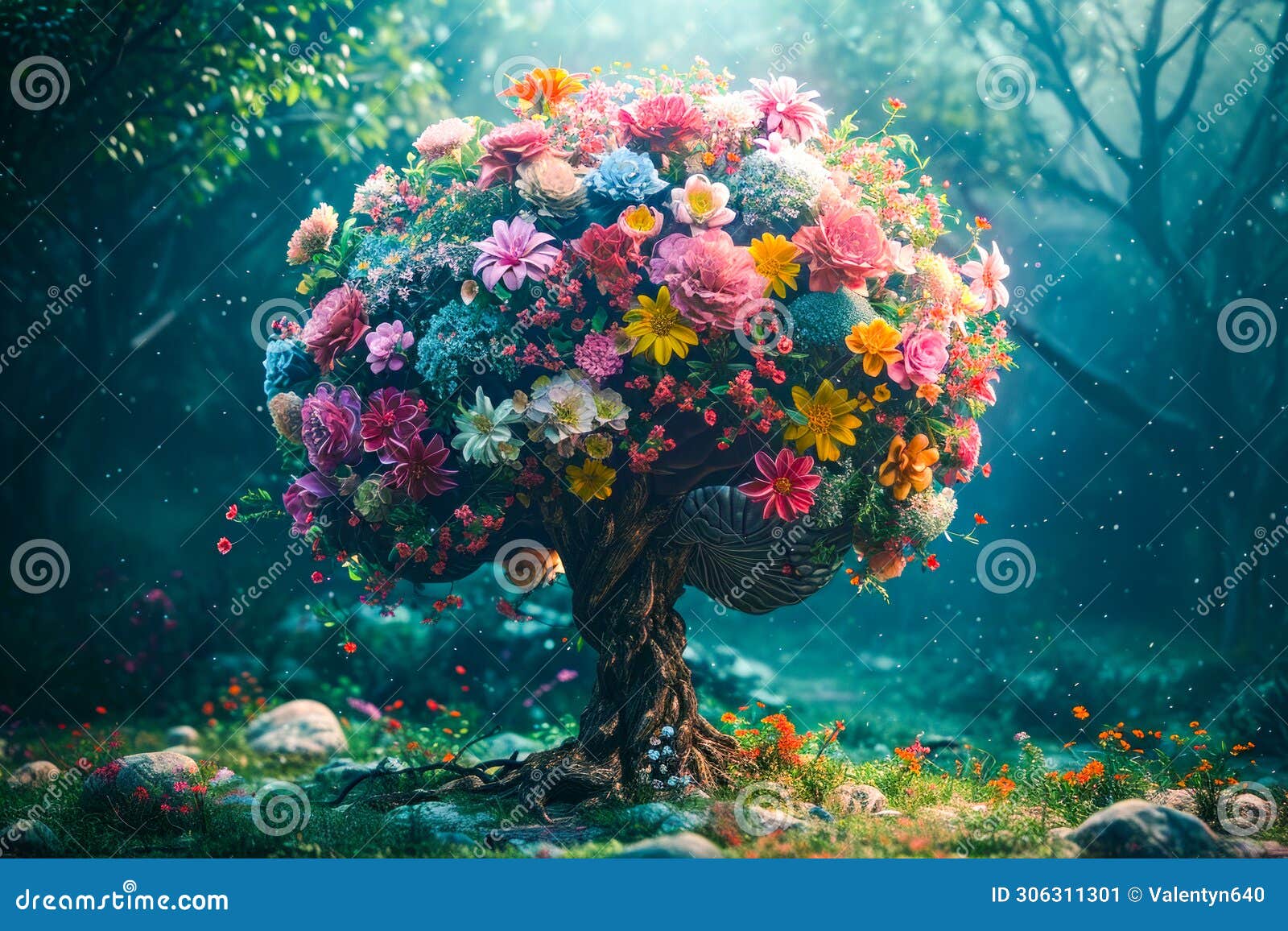 Tree Filled with Colorful Flowers is Depicted in Computer-generated or ...
