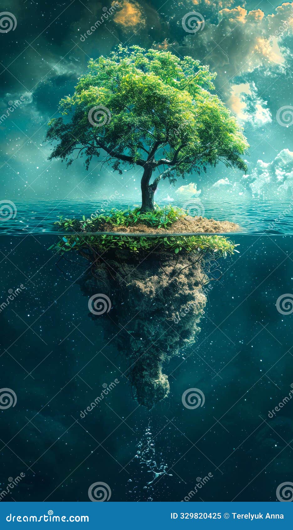 A Tree is Floating in the Ocean. the Water is Blue and the Sky is ...