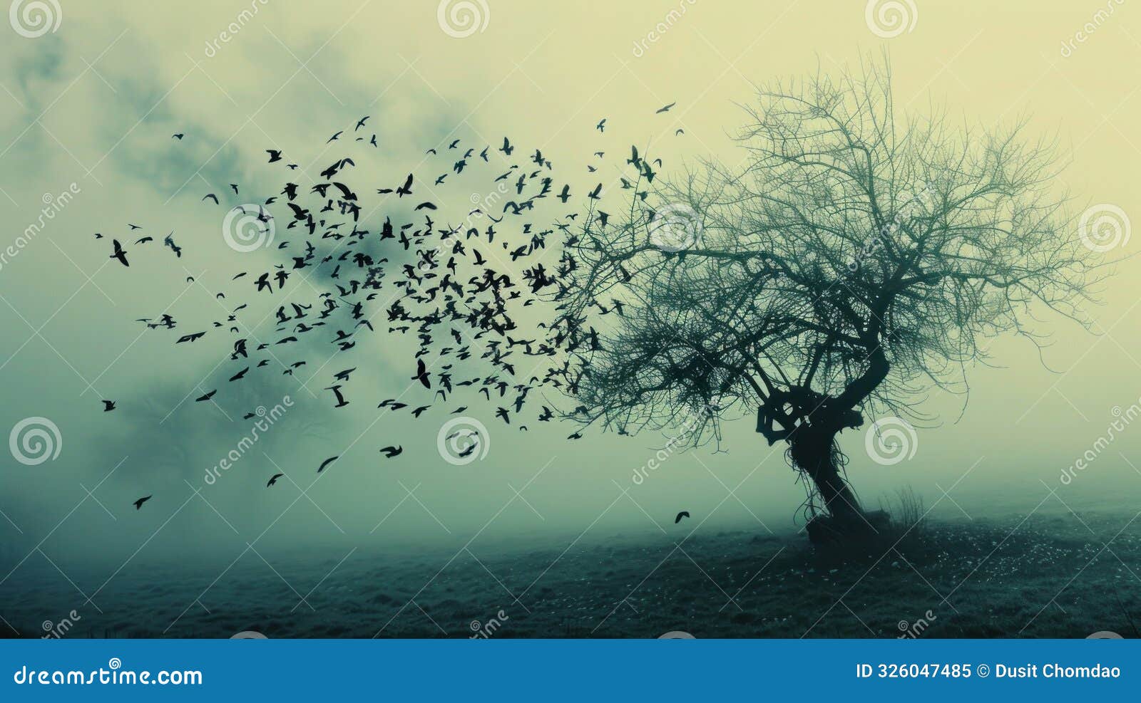 A Tree with a Flock of Birds Flying Around it Stock Image - Image of ...
