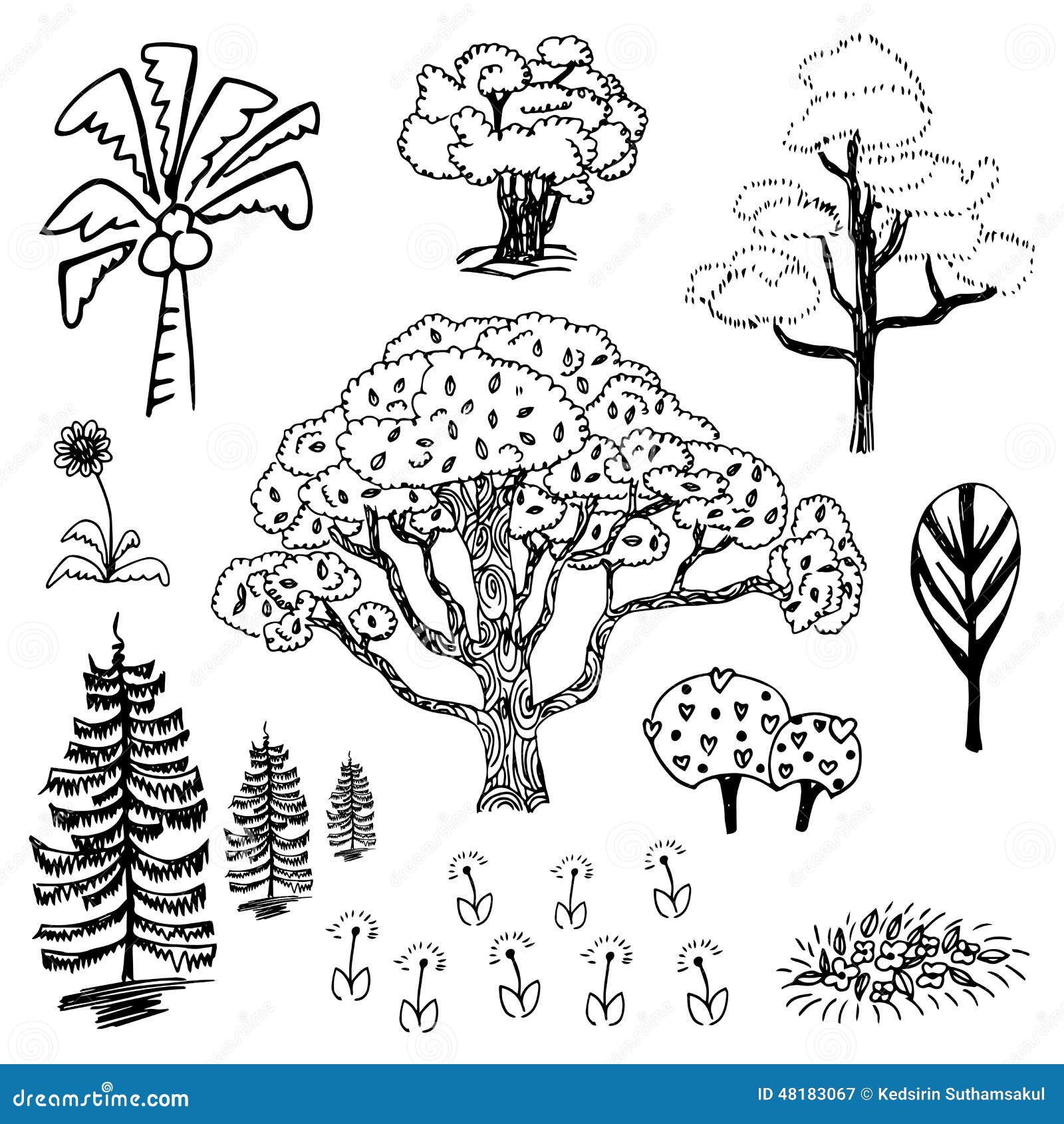 Tree and Flower Sketch Outline Vector Set on White Background Stock ...