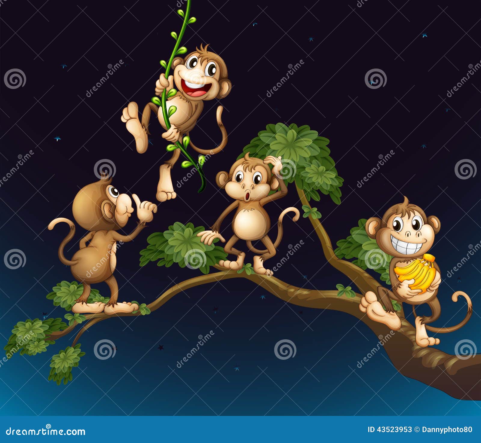 A Tree with Four Playful Monkeys Stock Vector - Illustration of meal ...