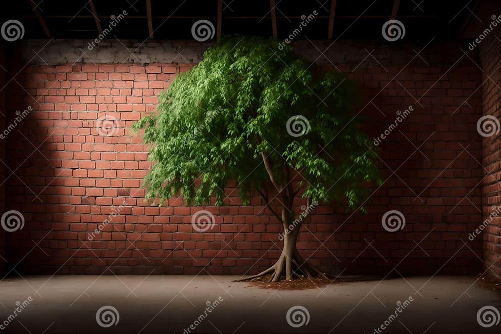 Tree in Front of a Red Brick Wall. Stock Illustration - Illustration of ...
