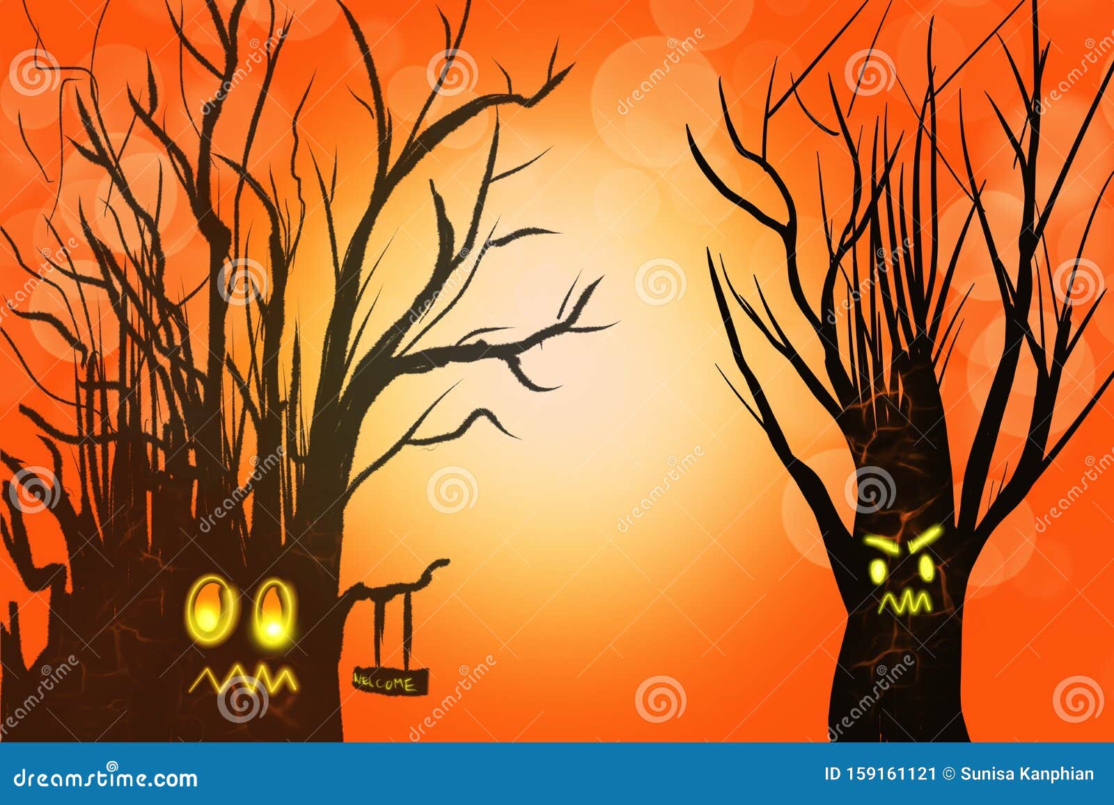 Halloween Theme, Tree Ghosts and Orange Sky Background Stock ...
