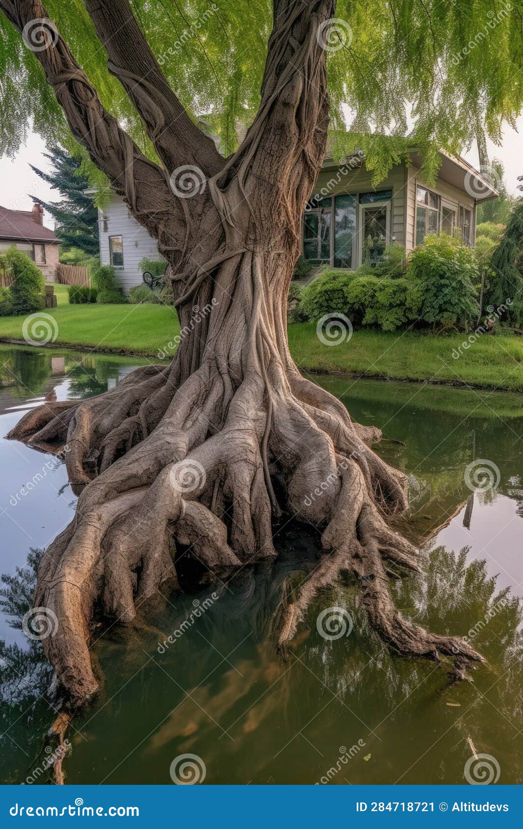 Tree with Gnarled Roots Extending into a Backyard Pond Stock Image ...
