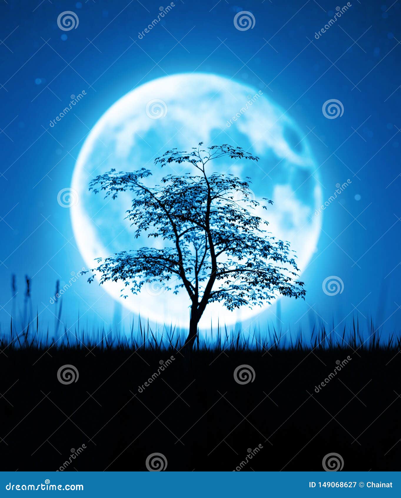 Tree in Grass Field at Night Against the Moon Stock Illustration ...