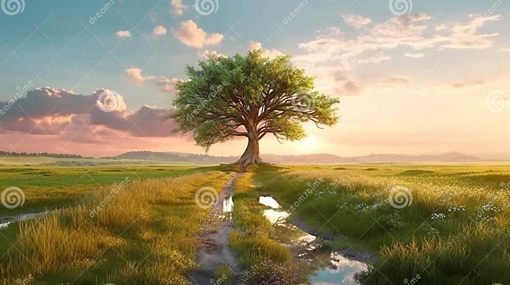 Tree in Green Field Beautiful Spring Landscape Stock Photo - Image of ...
