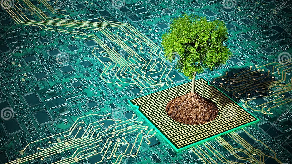 Tree with Green Leaves with Soil Standing on PCB. 3D Illustration Stock ...