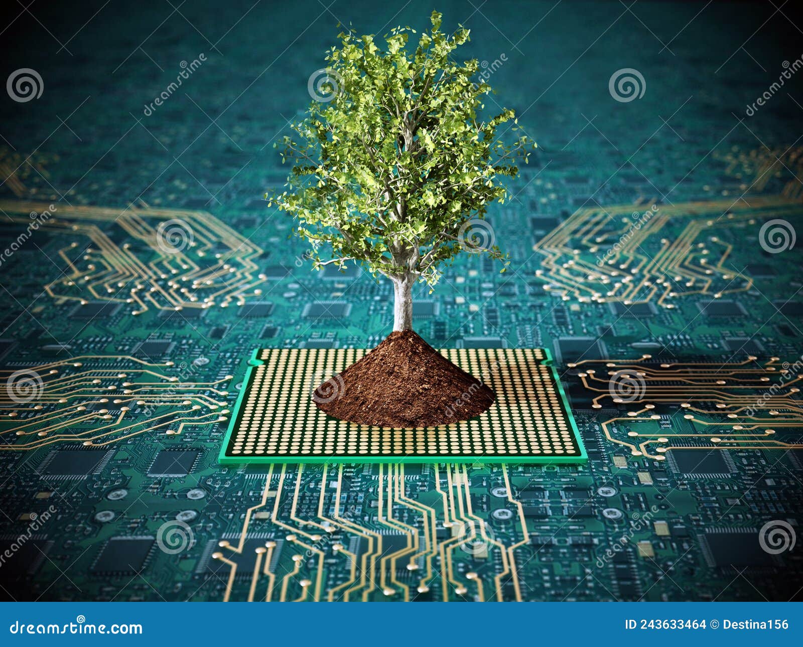 Tree with Green Leaves with Soil Standing on PCB. 3D Illustration Stock ...