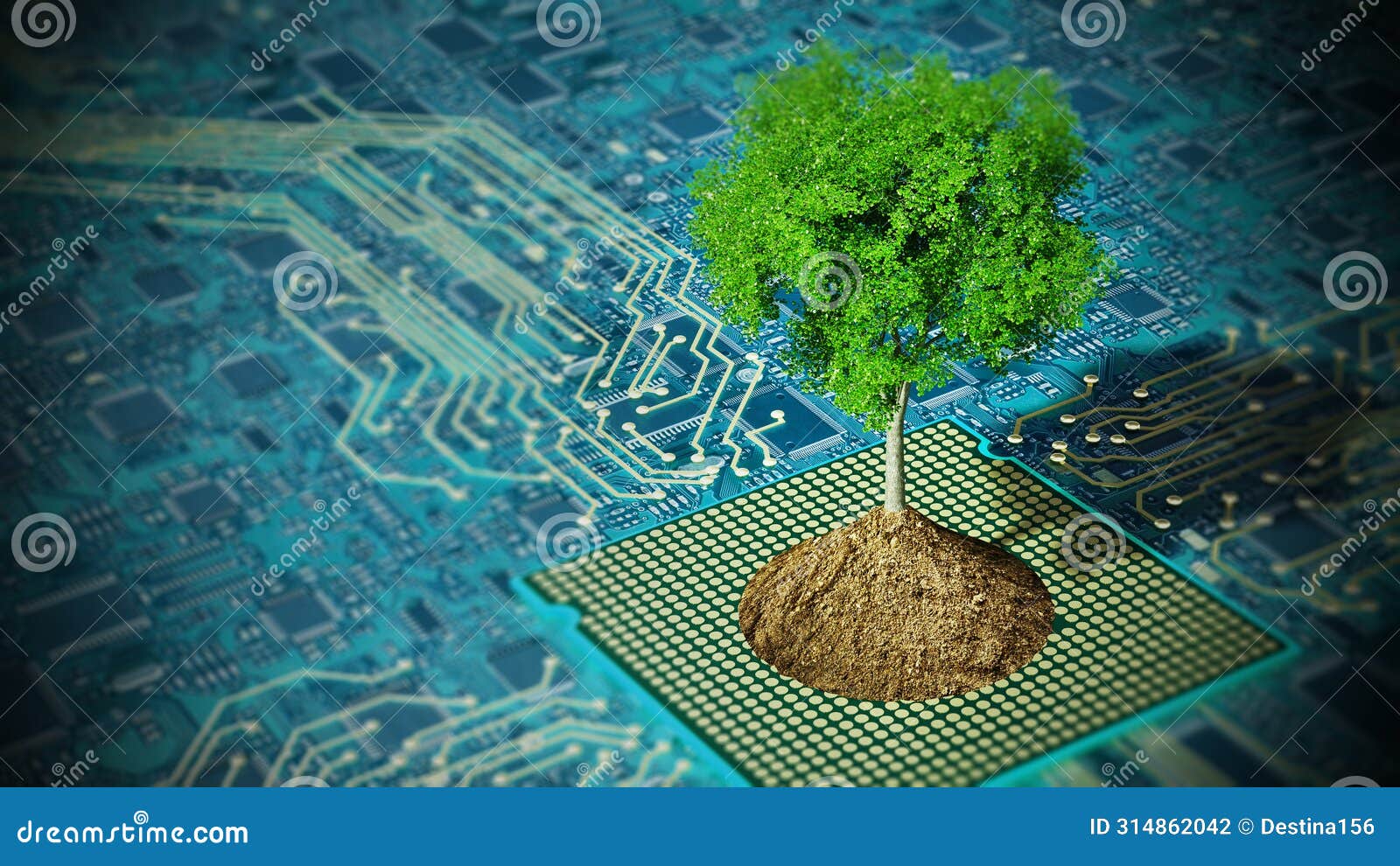 Tree with Green Leaves with Soil Standing on PCB. 3D Illustration Stock ...