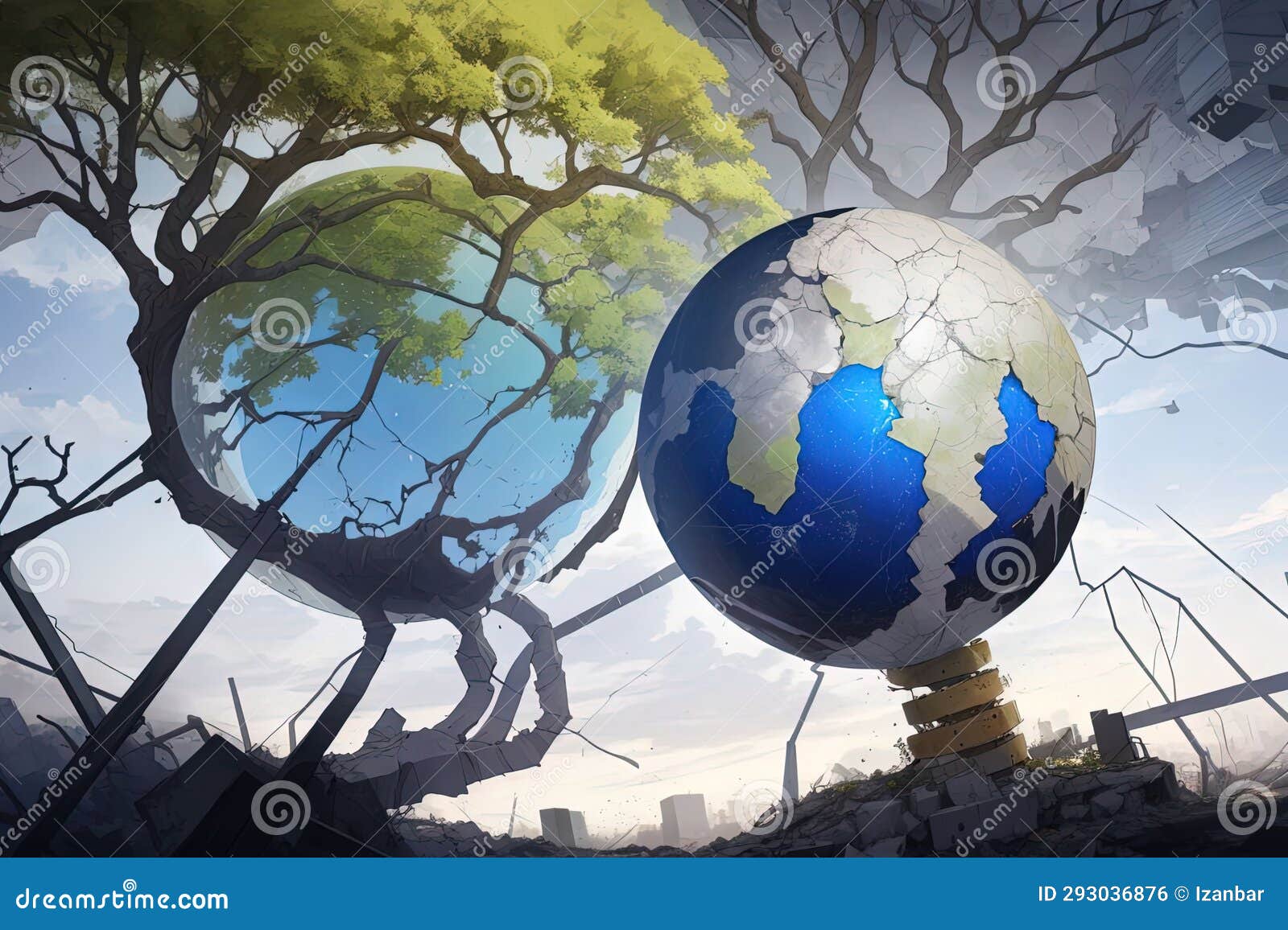 A Tree Growing from the Center of a Fractured Globe, Symbolizing the ...