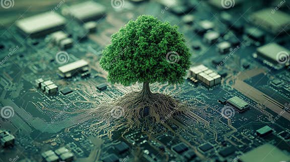 Tree Growing from a Circuit Board, Nature and Technology Concept Stock ...